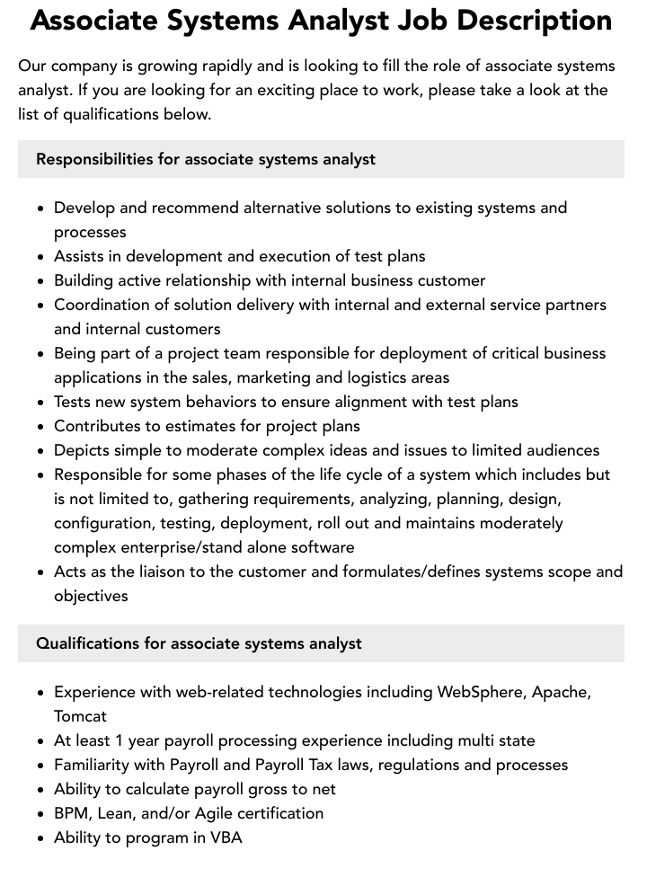 Associate Systems Analyst Job Description Velvet Jobs Associate Systems Analyst Job Description Velvet Jobs