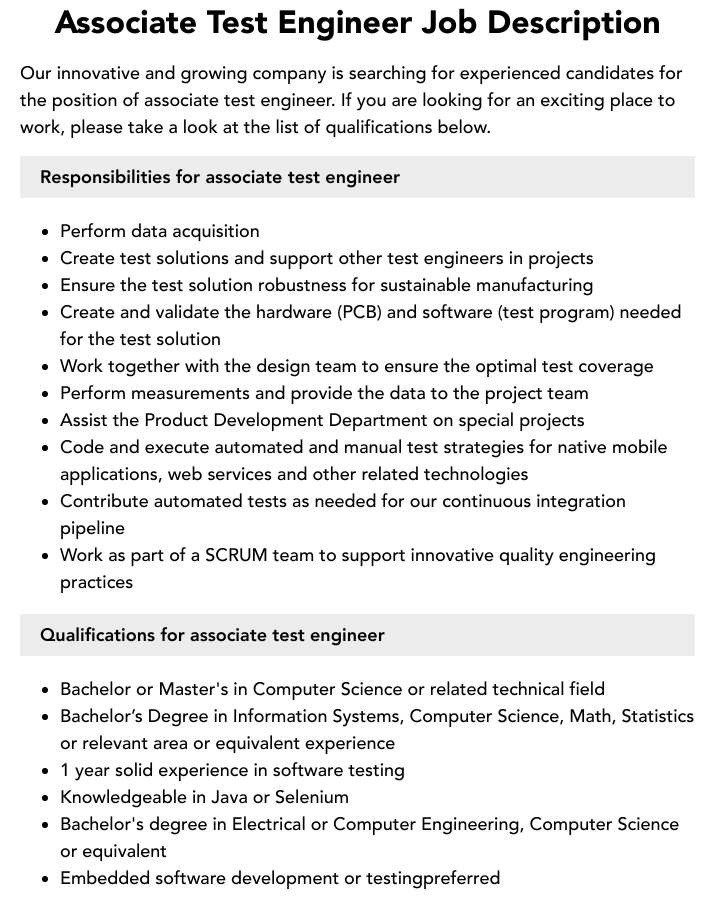 Associate Test Engineer Job Description Velvet Jobs