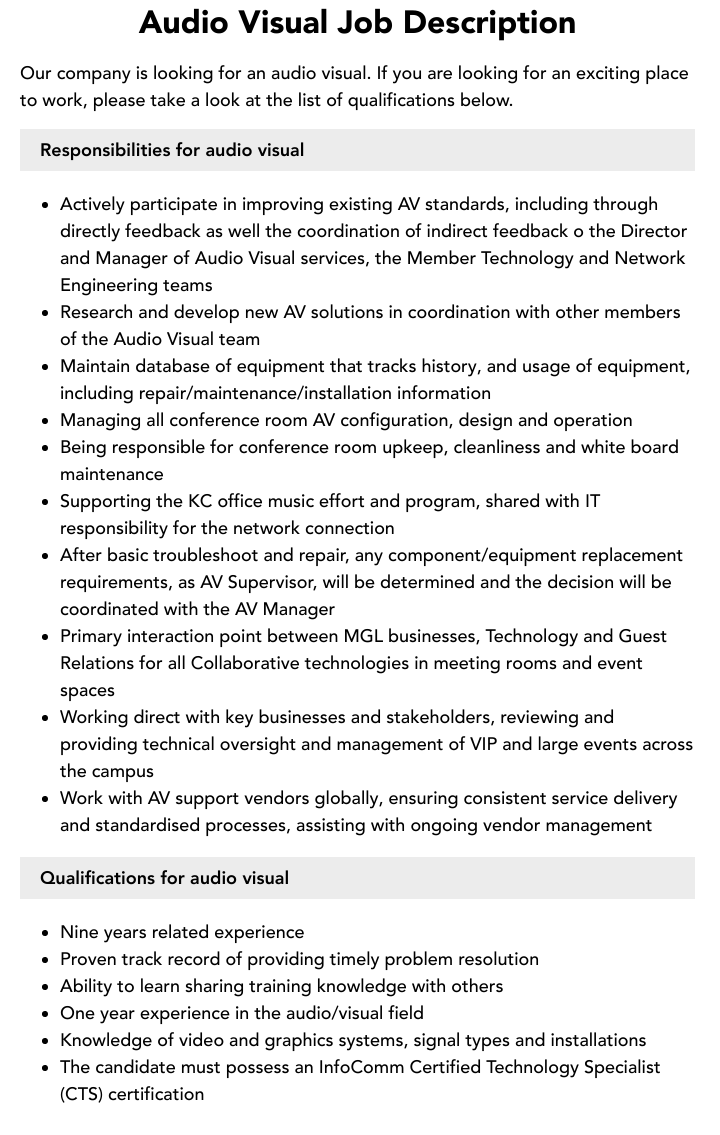 Audio Visual Job Description At Mario Anderson Blog Audio Visual Job Description At Mario Anderson Blog