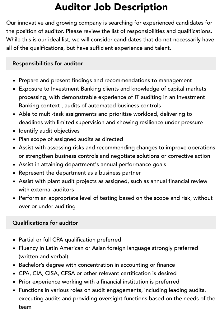 Auditor Job Description Velvet Jobs Auditor Job Description Velvet Jobs