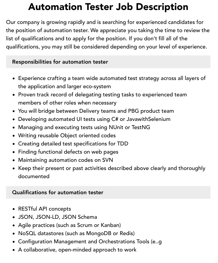 Automation Tester Job Description Velvet Jobs