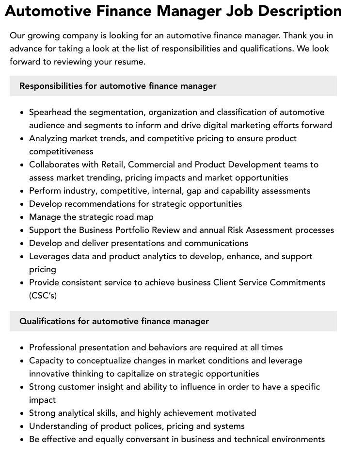 Automotive Finance Manager Job Description Velvet Jobs