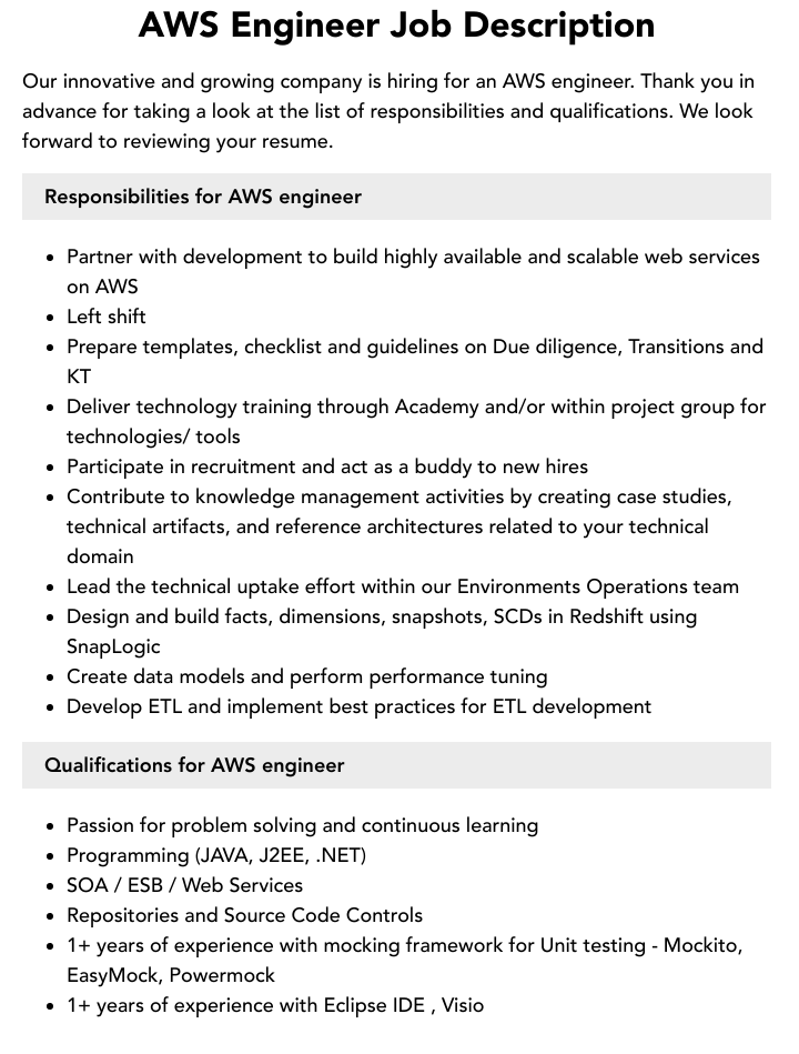 AWS Engineer Job Description Velvet Jobs AWS Engineer Job Description Velvet Jobs