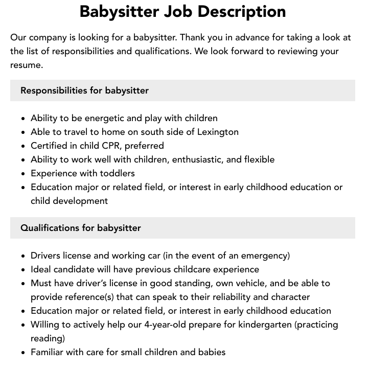 Babysitting Job Descriptions Goldmedalpopcornmachinemanual