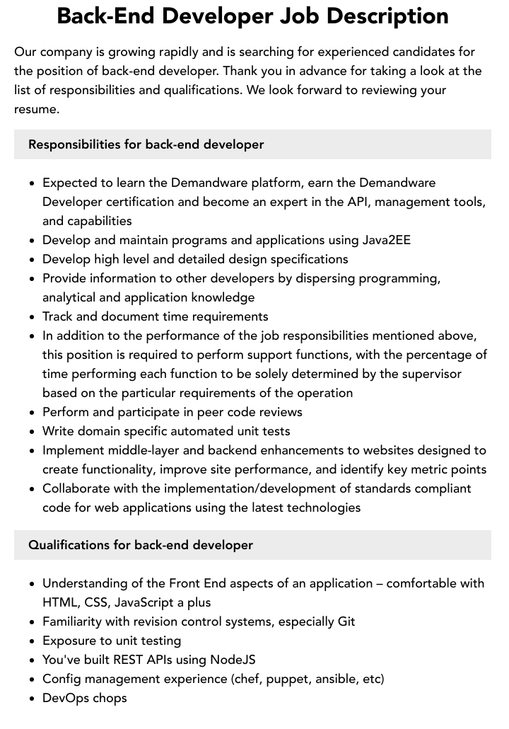 Back End Developer Job Description Velvet Jobs
