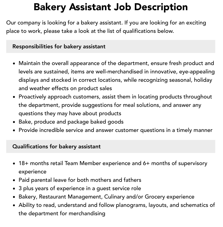 Bakery Assistant Job Description Velvet Jobs