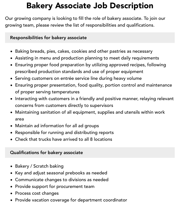 Bakery Associate Job Description Velvet Jobs
