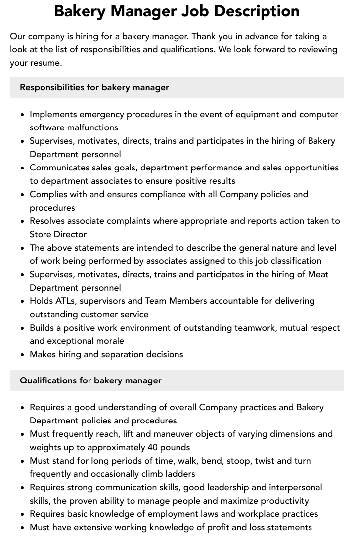 Bakery Manager Job Description Velvet Jobs