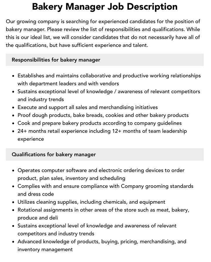 Bakery Manager Job Description Velvet Jobs