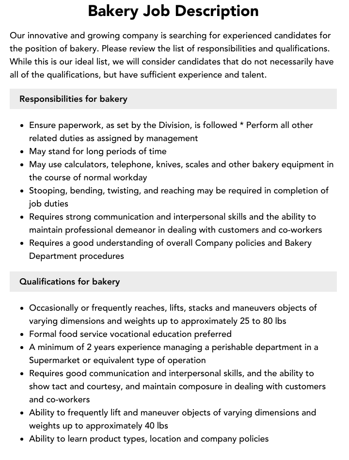 Bakery Job Description Velvet Jobs