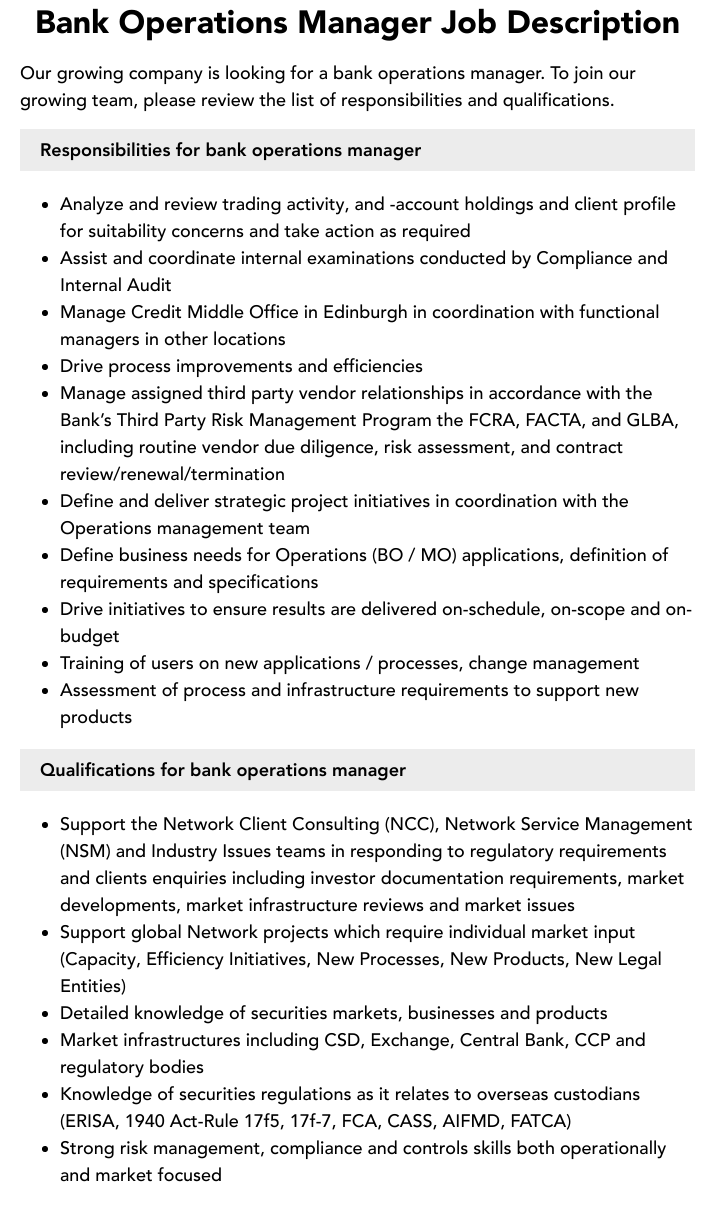  Bank Operations Manager Job Description Velvet Jobs