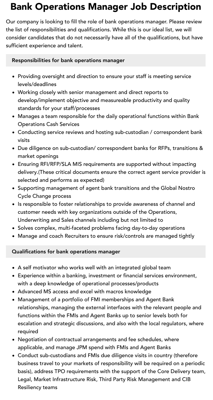  Bank Operations Manager Job Description Velvet Jobs