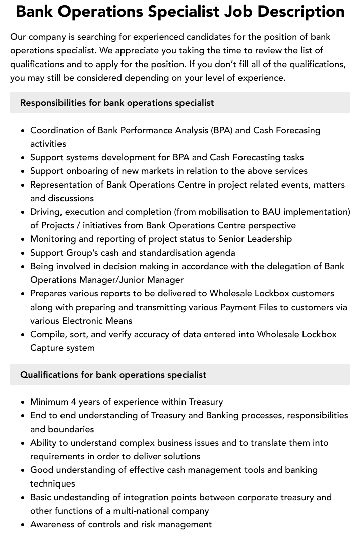 Bank Operations Specialist Job Description Velvet Jobs