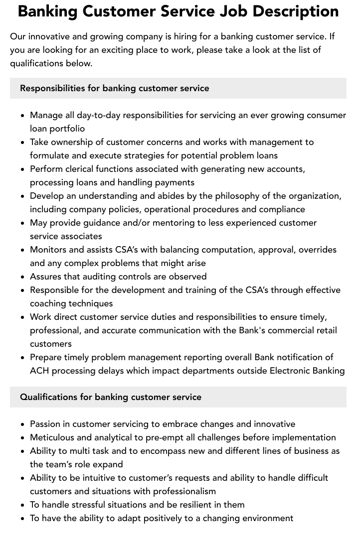 Banking Customer Service Job Description Velvet Jobs