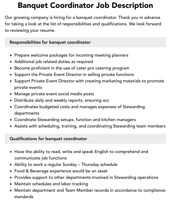 Banquet Coordinator Job Description Velvet Jobs Banquet Coordinator Job Description Velvet Jobs