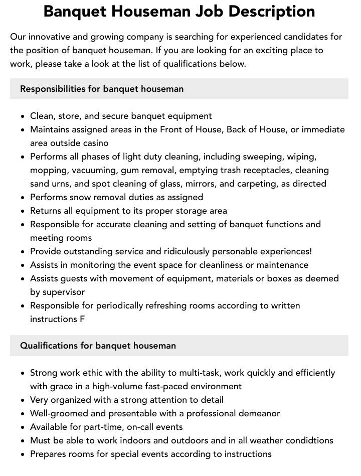 Banquet Houseman Job Description Velvet Jobs Banquet Houseman Job Description Velvet Jobs