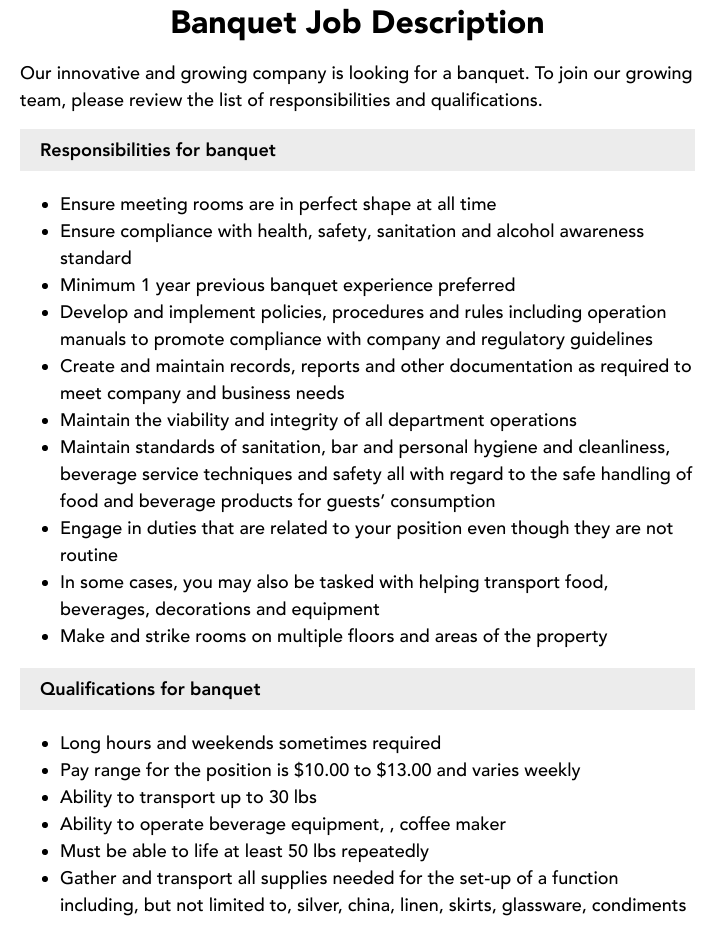 Banquet Job Description Velvet Jobs