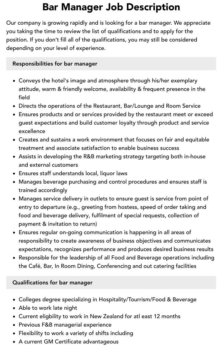 Bar Manager Job Description Velvet Jobs