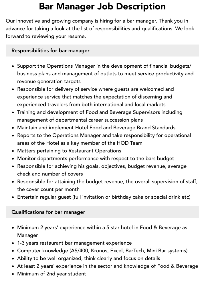 Bar Manager Job Description Velvet Jobs