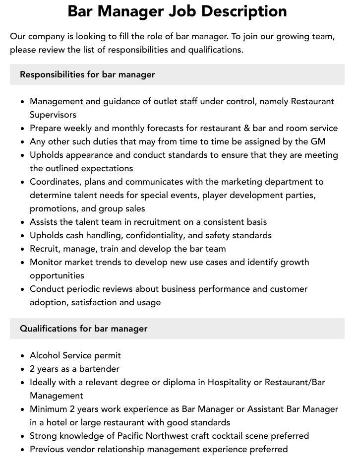 Bar Manager Job Description Velvet Jobs