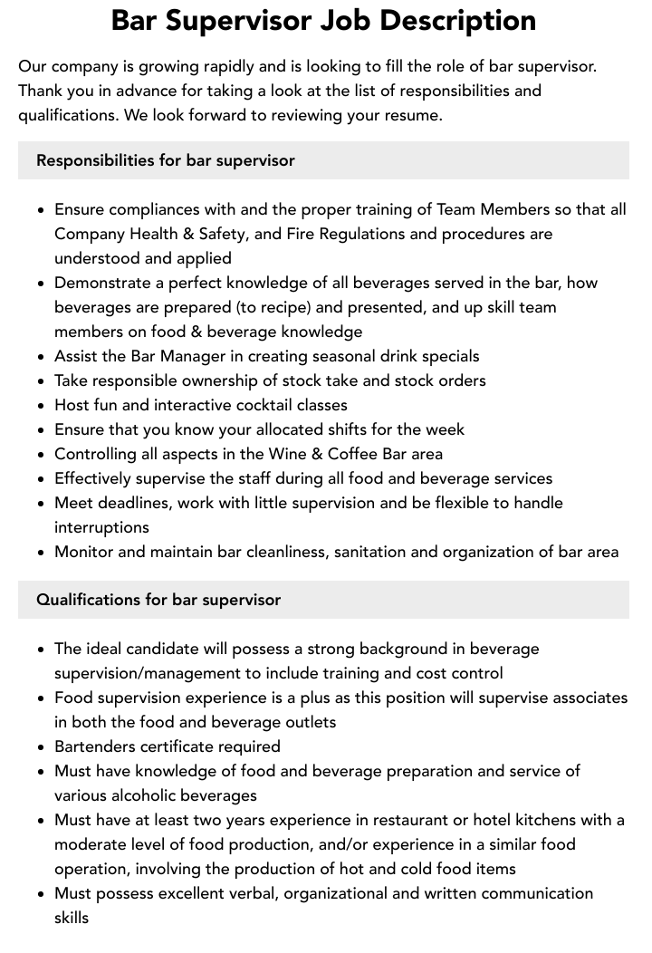Bar Supervisor Job Description Velvet Jobs