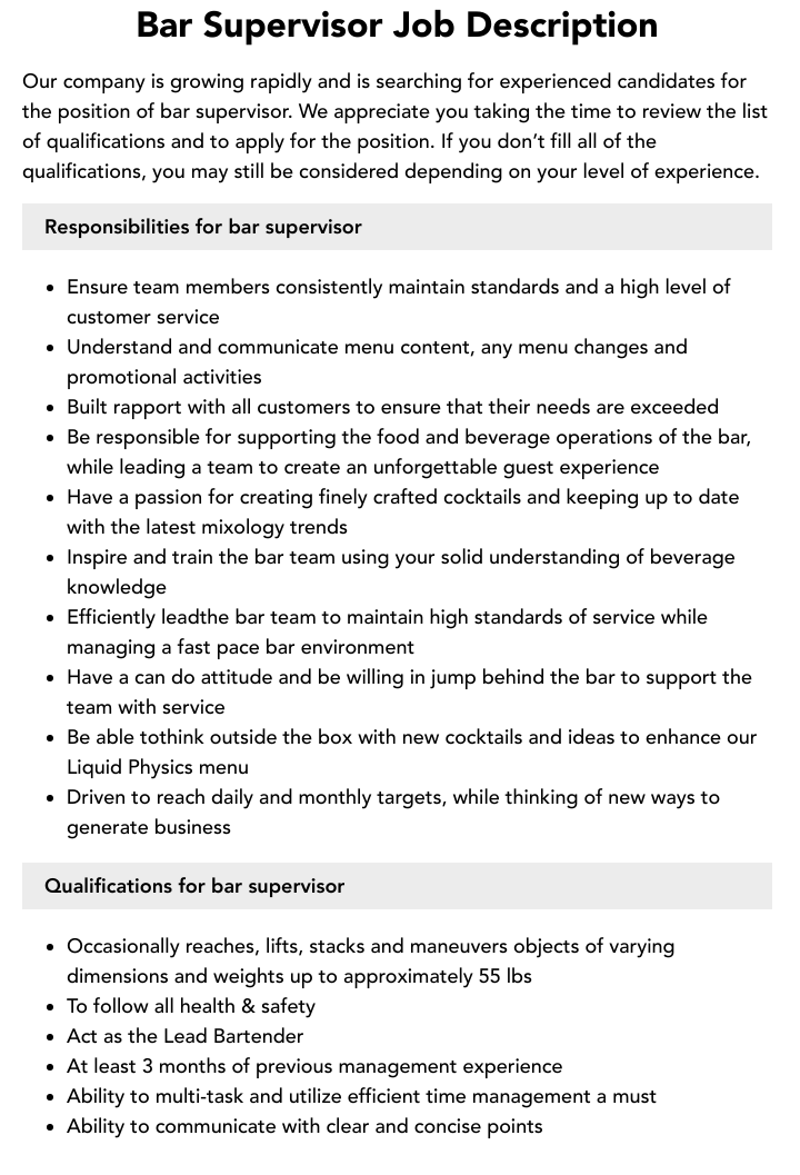Bar Supervisor Job Description Velvet Jobs