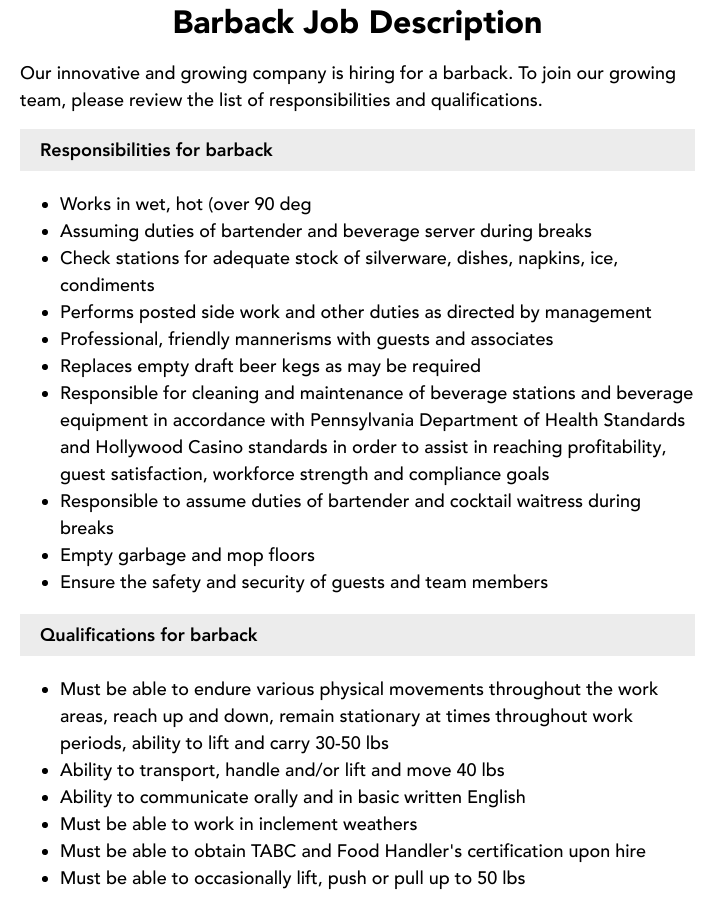 Barback Job Description Velvet Jobs