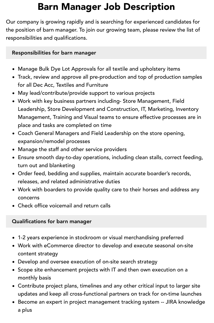 Barn Manager Job Description Velvet Jobs