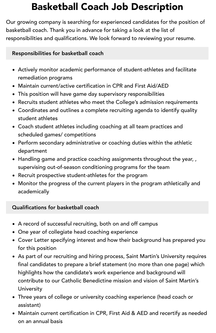 Basketball Coach Job Description Velvet Jobs