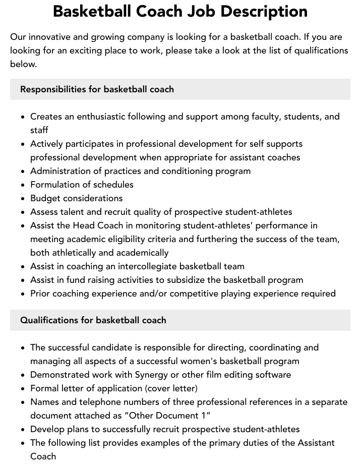 Basketball Coach Job Description Velvet Jobs