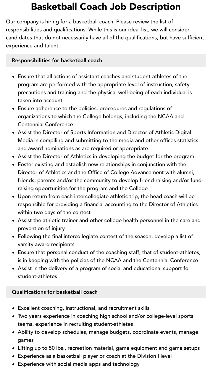 Basketball Coach Job Description Velvet Jobs