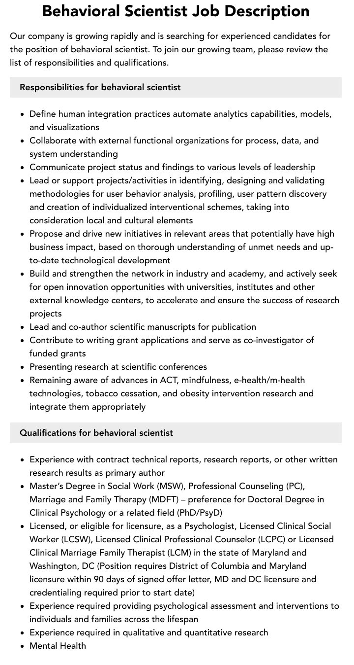 Behavioral Scientist Job Description Velvet Jobs Behavioral Scientist Job Description Velvet Jobs