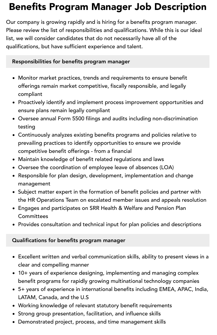 Benefits Program Manager Job Description Velvet Jobs