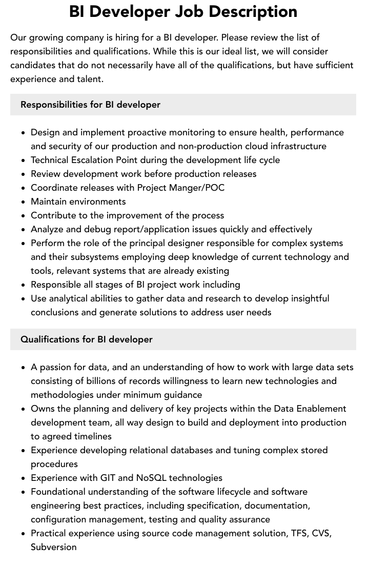 BI Developer Job Description Velvet Jobs