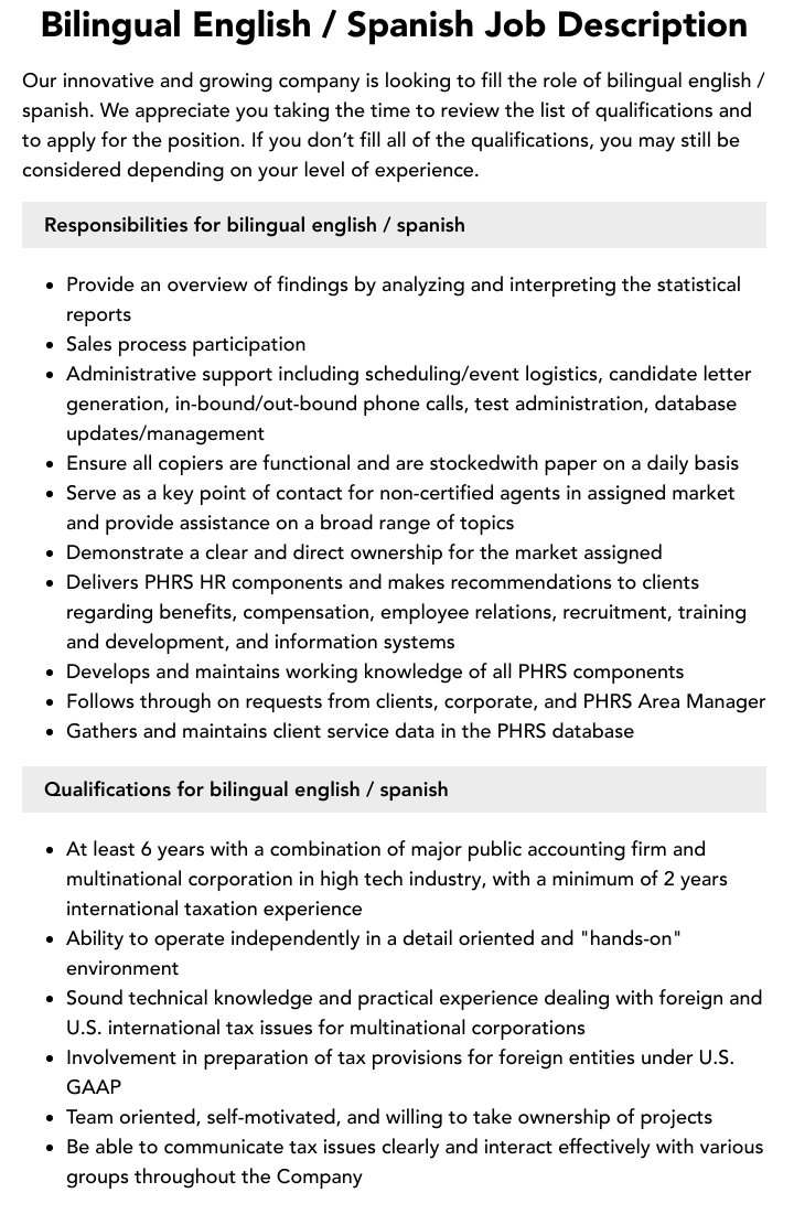 Bilingual English Spanish Job Description Velvet Jobs