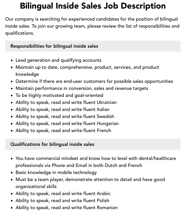Bilingual Inside Sales Job Description Velvet Jobs