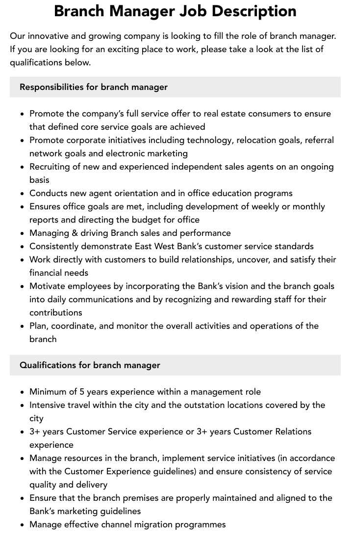 What Are The Roles And Responsibilities Of Bank Branch Manager