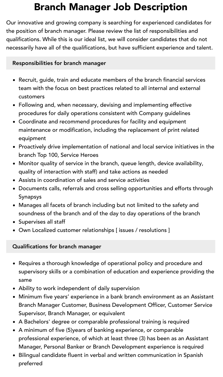 Branch Manager Job Description Velvet Jobs