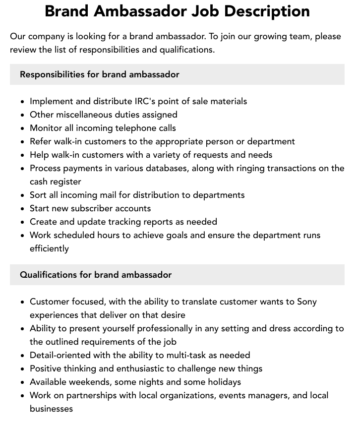 Brand Ambassador Job Description Velvet Jobs Brand Ambassador Job Description Velvet Jobs
