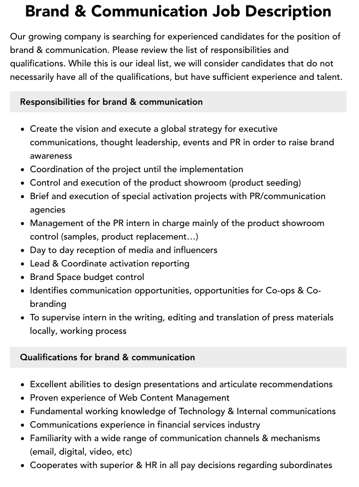 Brand Communication Job Description Velvet Jobs Brand Communication Job Description Velvet Jobs