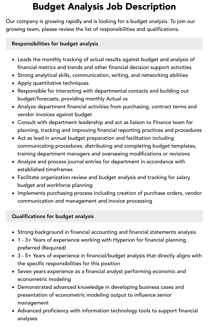 Budget Analysis Job Description Velvet Jobs