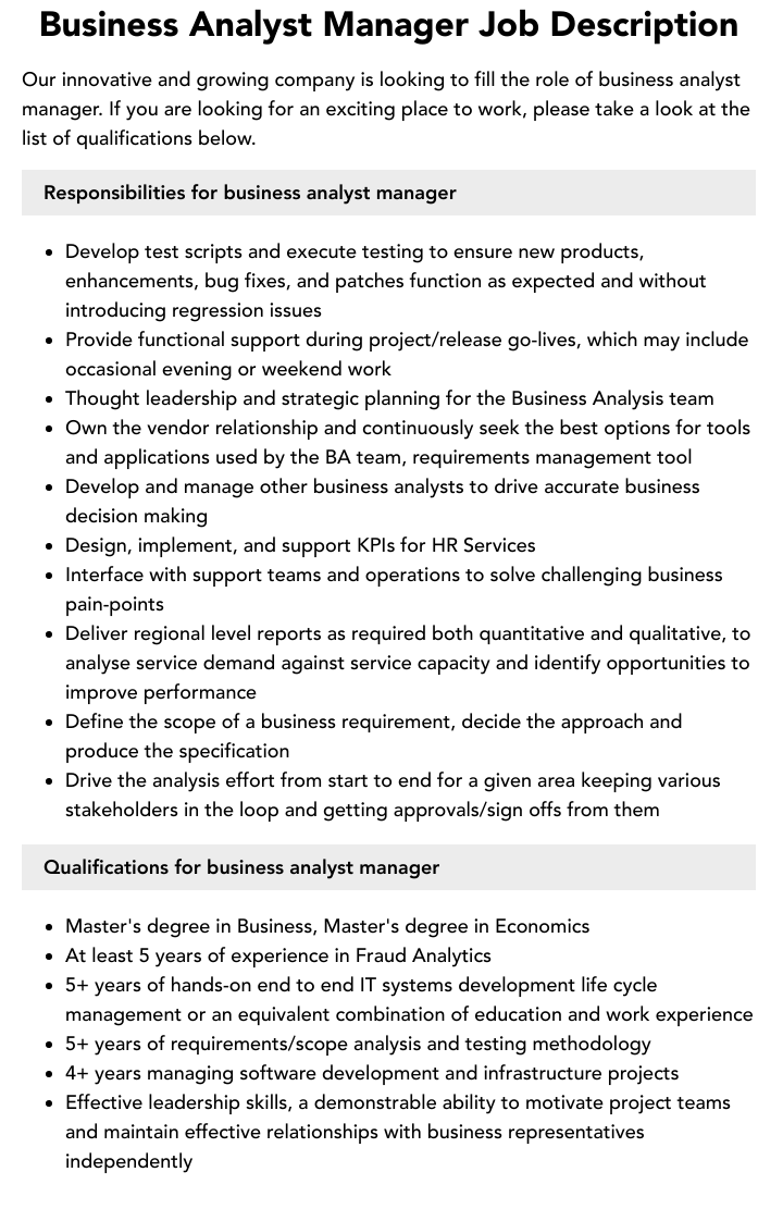 Business Analyst Manager Job Description Velvet Jobs Business Analyst Manager Job Description Velvet Jobs