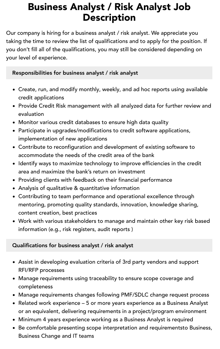 Business Analyst Risk Analyst Job Description Velvet Jobs