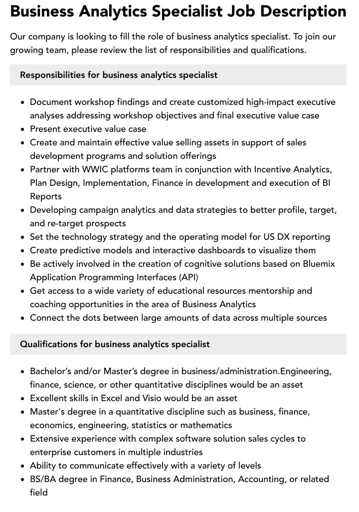 Business Analytics Specialist Job Description Velvet Jobs Business Analytics Specialist Job Description Velvet Jobs