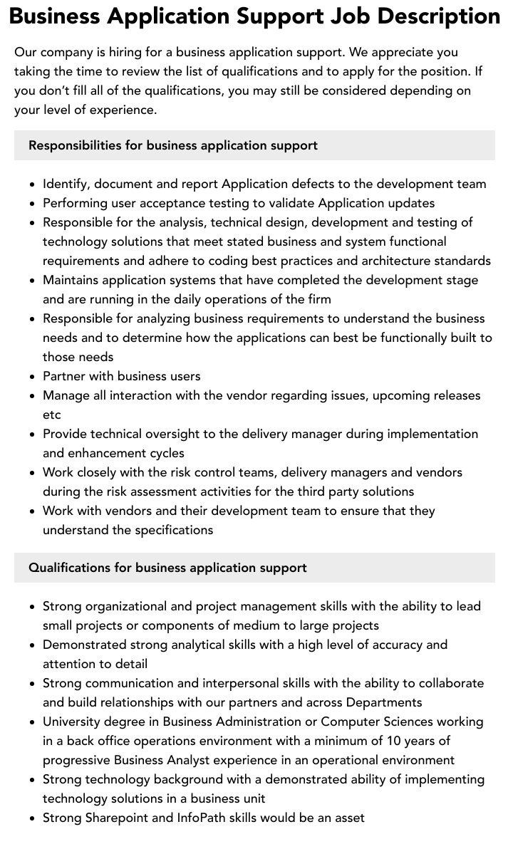 Business Application Support Job Description Velvet Jobs