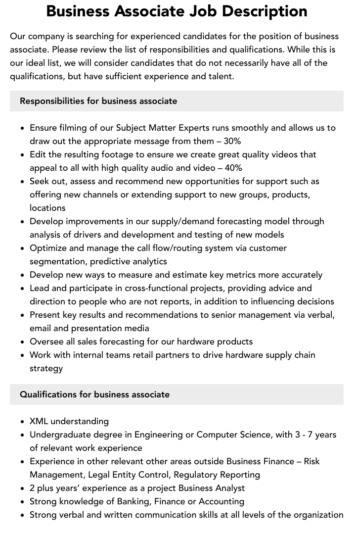 Business Associate Job Description Velvet Jobs