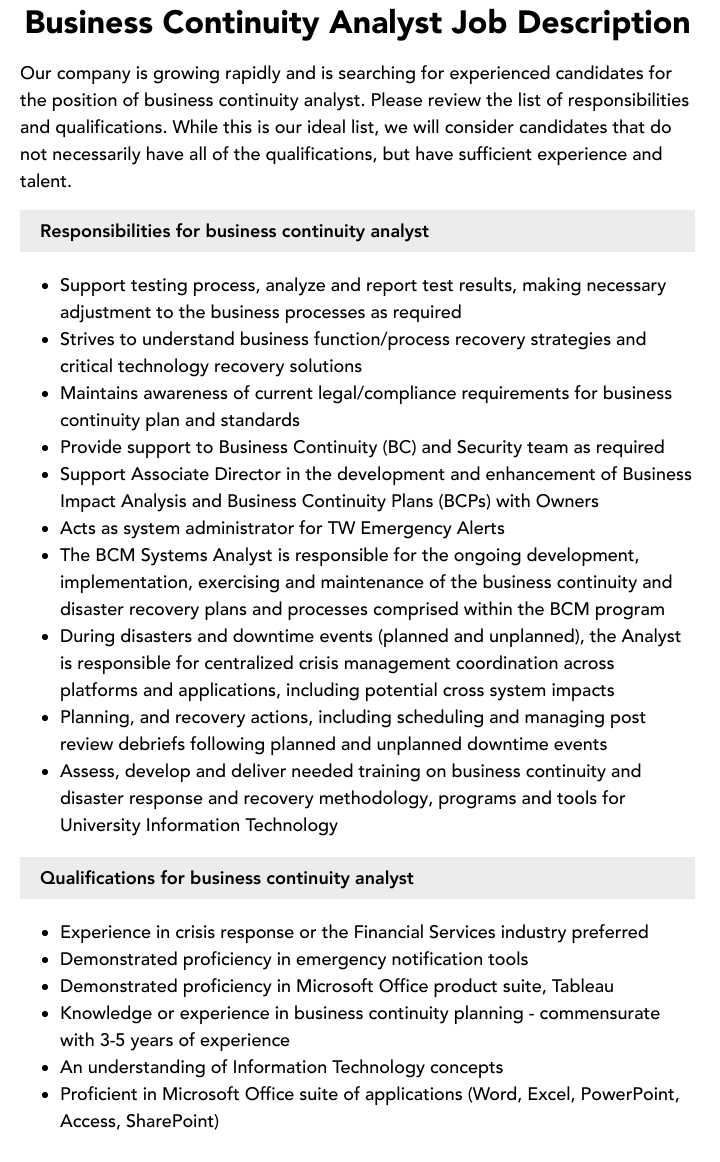 Business Continuity Analyst Job Description Velvet Jobs Business Continuity Analyst Job Description Velvet Jobs