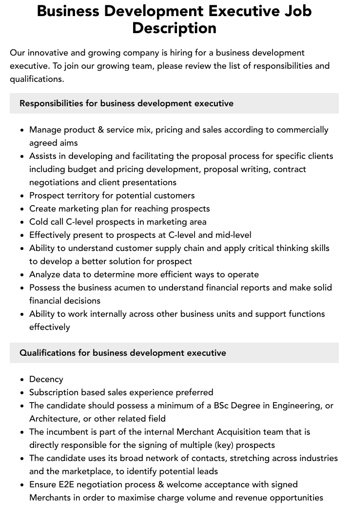 Business Development Executive Job Description Velvet Jobs