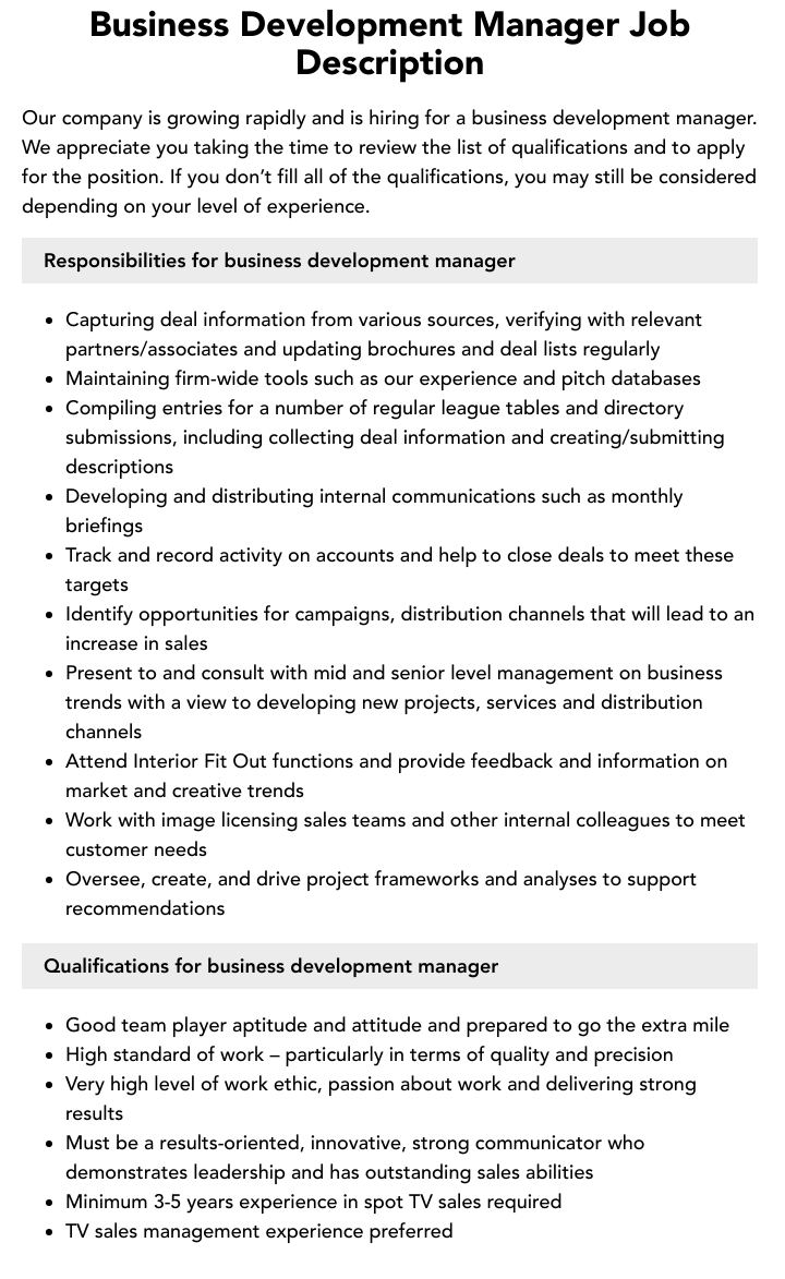 Business Development Manager Job Description Velvet Jobs