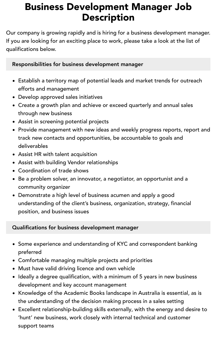 Business Development Manager Job Description Velvet Jobs